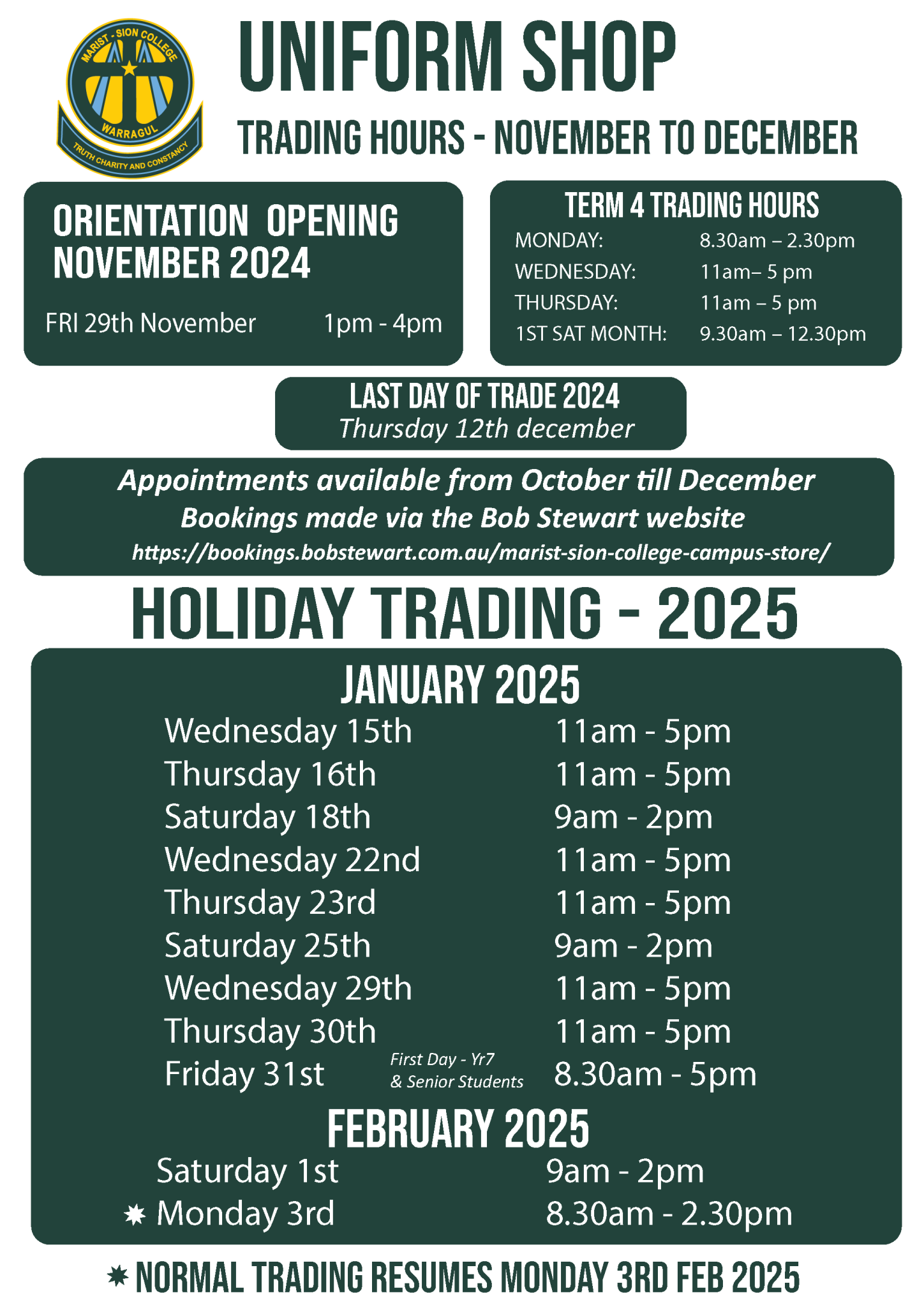 Uniform Shop Trading Hours – Marist Sion College